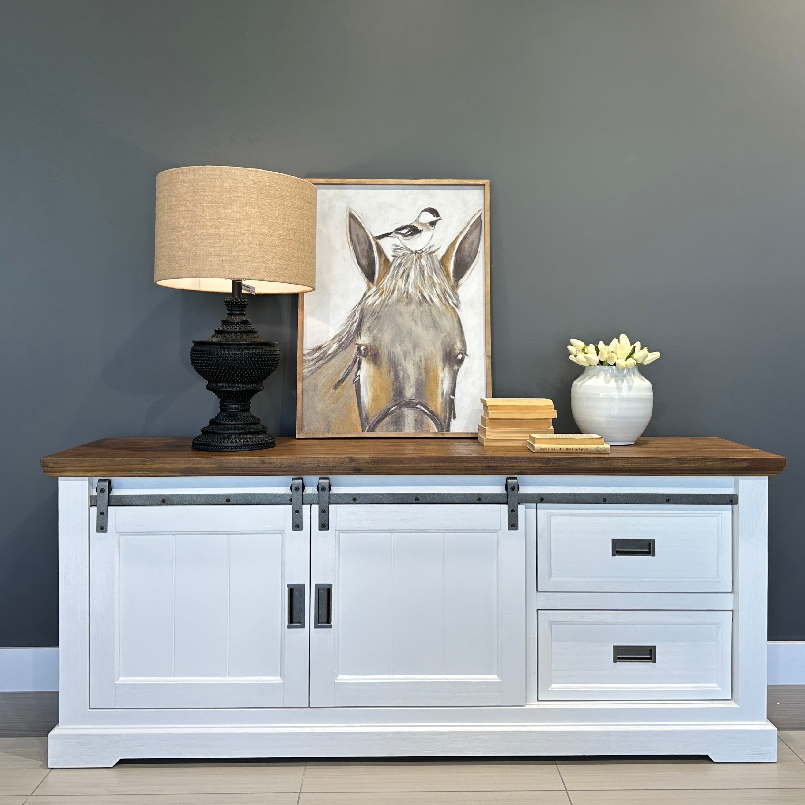 Provedore Two Tone Tv Unit - Medium w/ 2 Drawers 2 Sliding Barn Doors ...